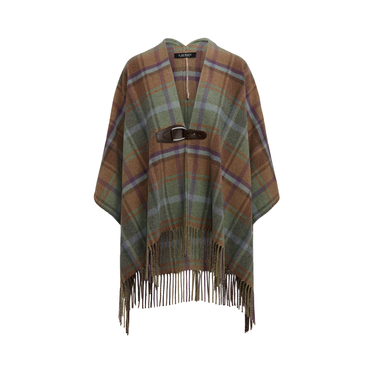 Plaid Fringe-Trim Wool-Blend Poncho