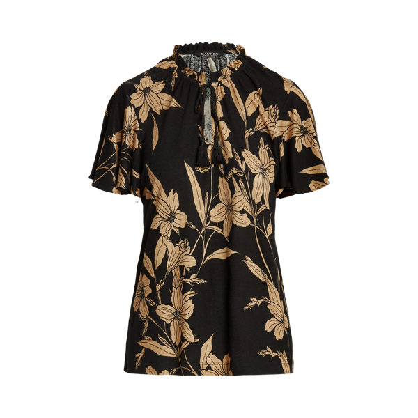 Floral Linen Blend Jersey Tie Neck Top Ralph Lauren® Australia