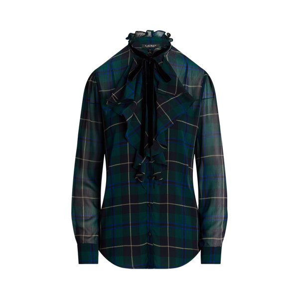 Plaid Ruffle-Trim Georgette Blouse