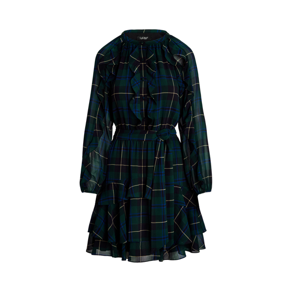 Plaid Ruffle-Trim Georgette Tiered Dress for Women | Ralph Lauren® AM
