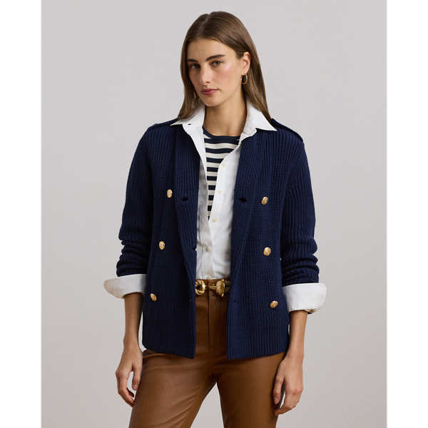 Rib-Knit Double-Breasted Sweater Jacket