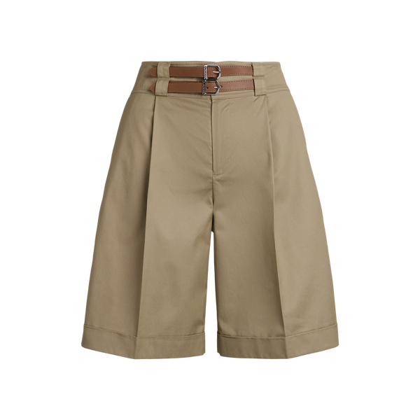 Buckle-Trim Pleated Cotton Twill Short