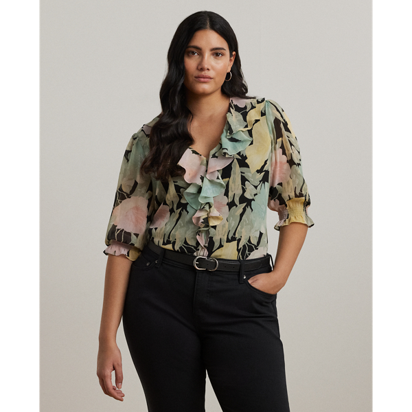 Floral Georgette Ruffle-Trim Blouse