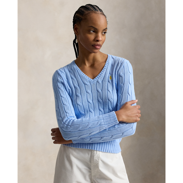 Cable-Knit Cotton V-Neck Jumper for Women | Ralph Lauren® UK