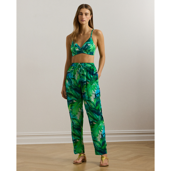 Palm-Frond-Print Wide-Leg Pant Cover-Up
