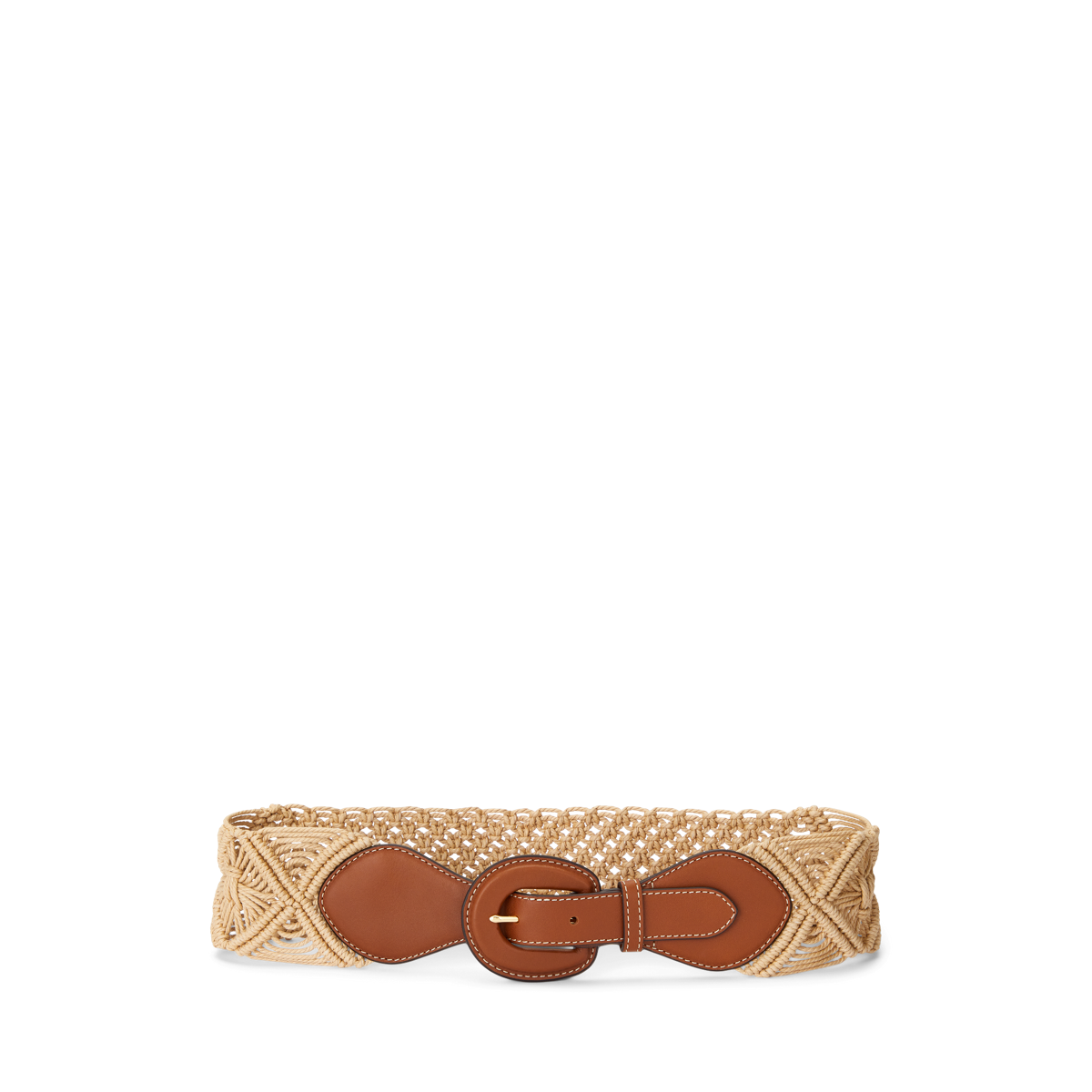 Leather-Trim Corded Macramé Wide Belt